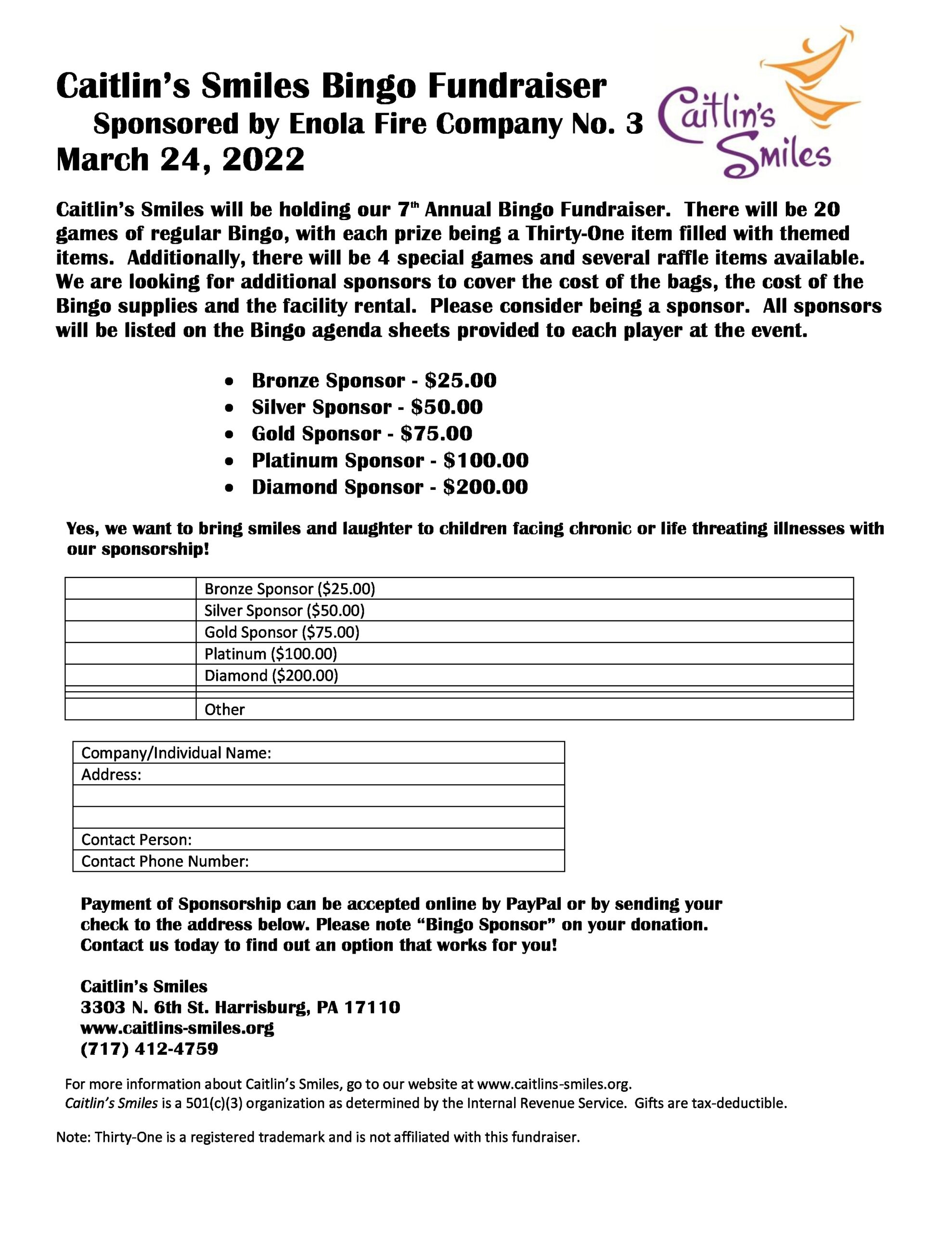 2022 Bingo Fundraiser – Caitlin's Smiles